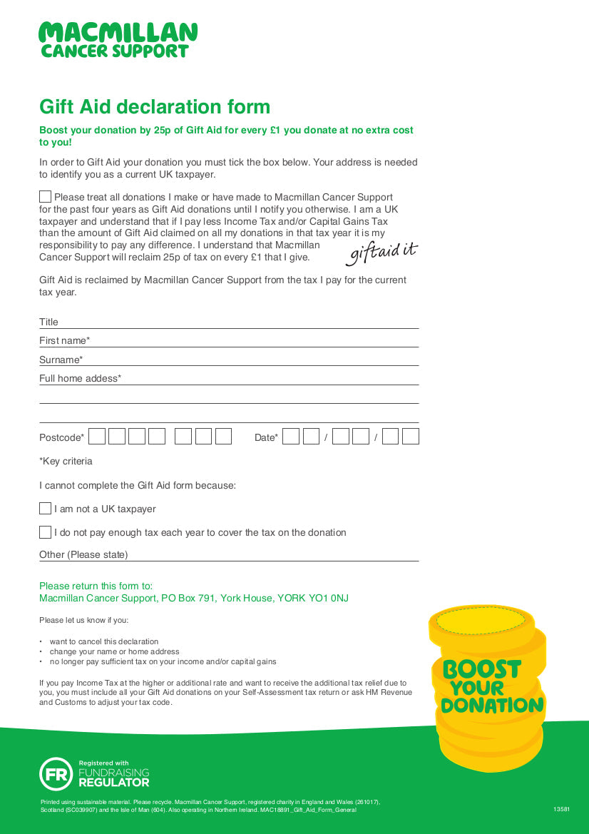 New Gift Aid, sponsorship and contactless forms – Macmillan Orders